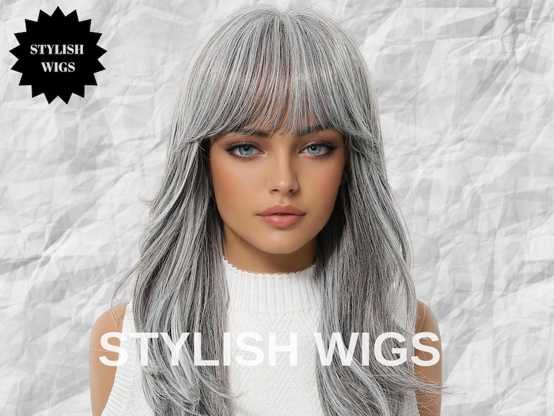 Long Wavy Silver Grey Wig With Bangs, Synthetic Hairpiece - Etsy