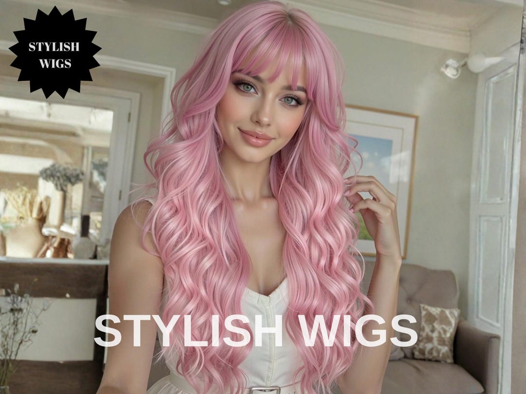 Long Wavy Pastel Pink Wig With Bangs, Natural Soft Wave Synthetic Wig ...