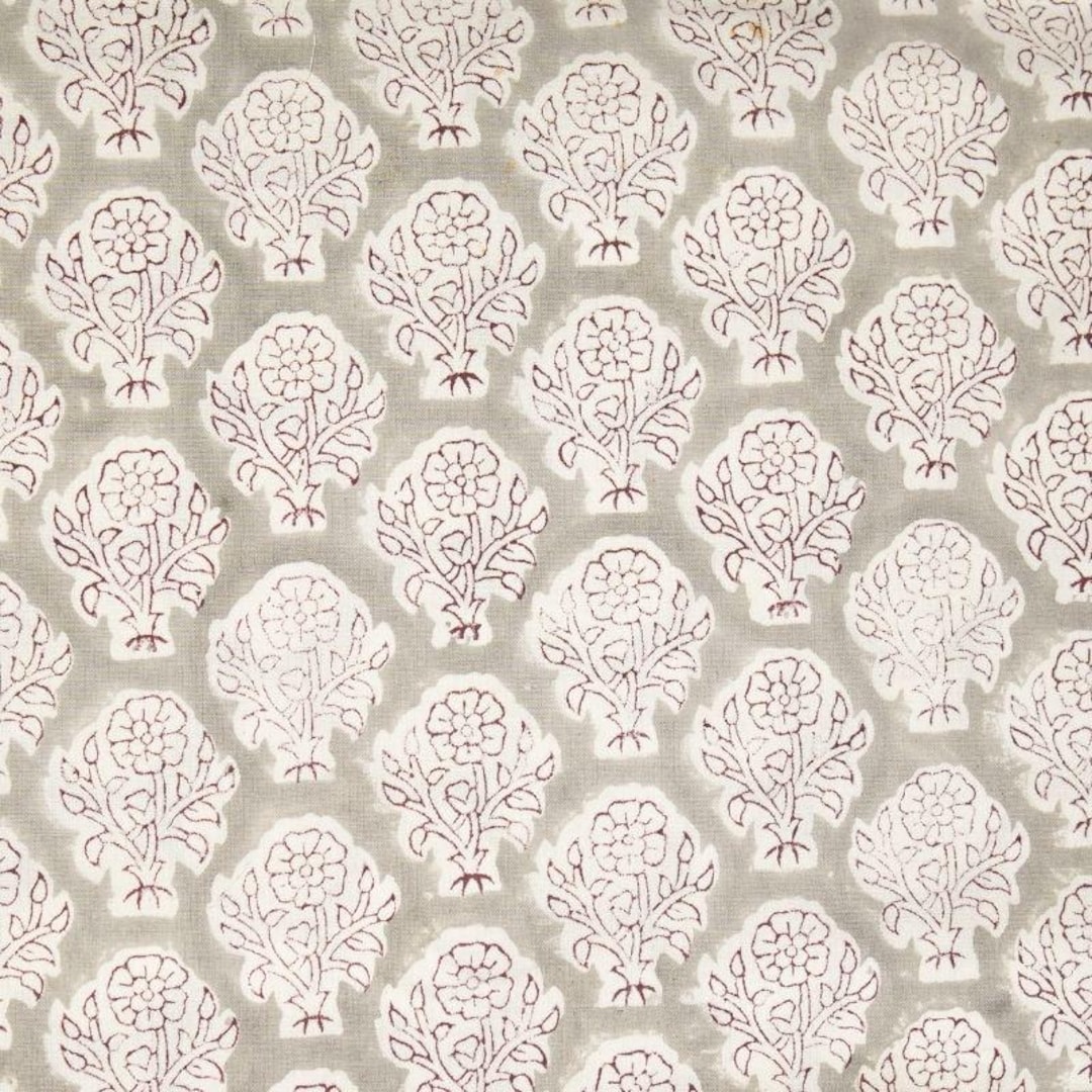 Grey Floral Block Print Cotton Fabric, Handmade Indian Cotton. - Etsy