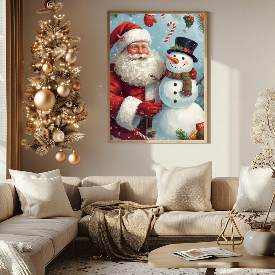 Christmas Wall Art Printable | Santa Hugging Snowman | Cozy Holiday ...
