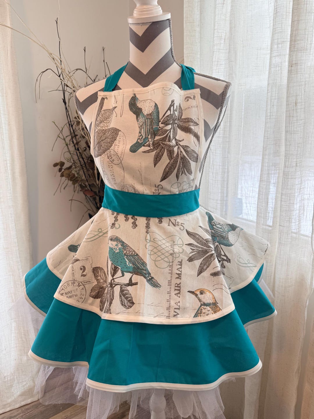 Handmade Bird Print Apron | Teal Ruffle Skirt, Retro Kitchen - Etsy