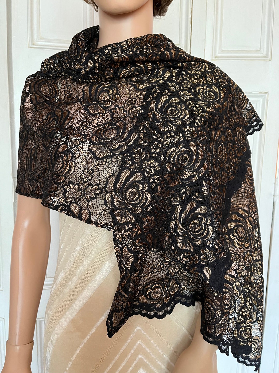 Bronze and Black Lace Stole/scarf. Cover-up, With Scalloped Edge. Ideal ...
