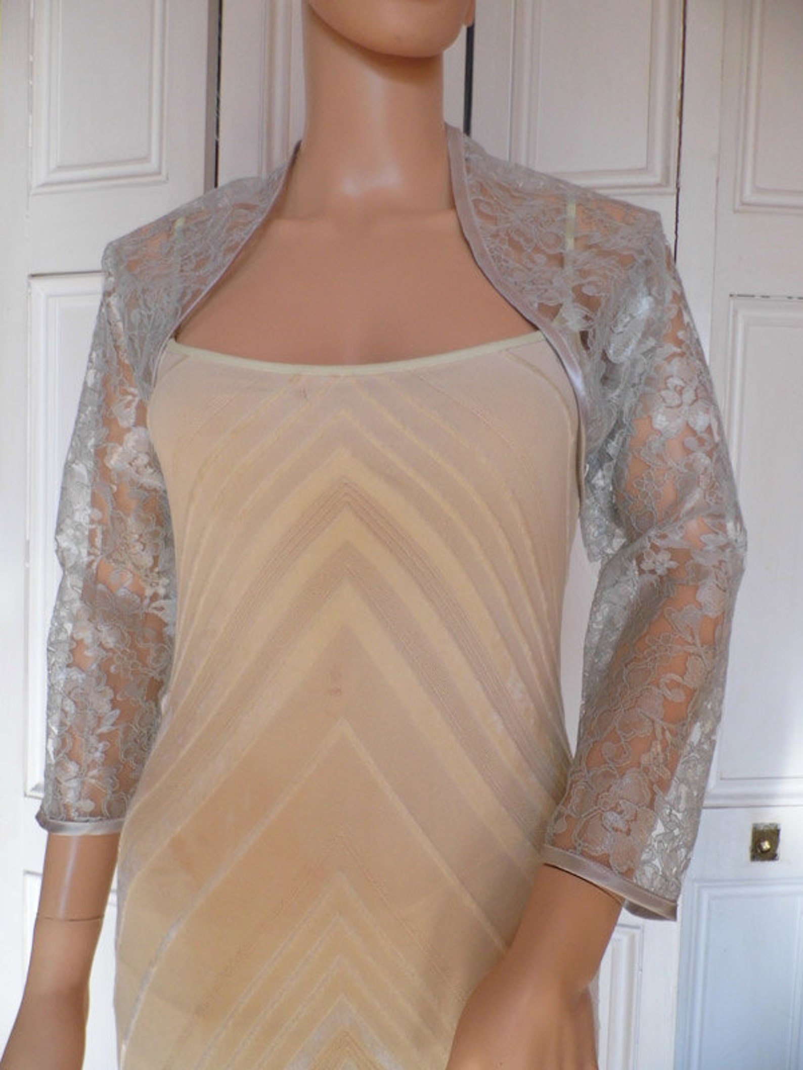 Silver Lace Three-quarter Length Sleeved Bolero/shrug/jacket With Satin ...