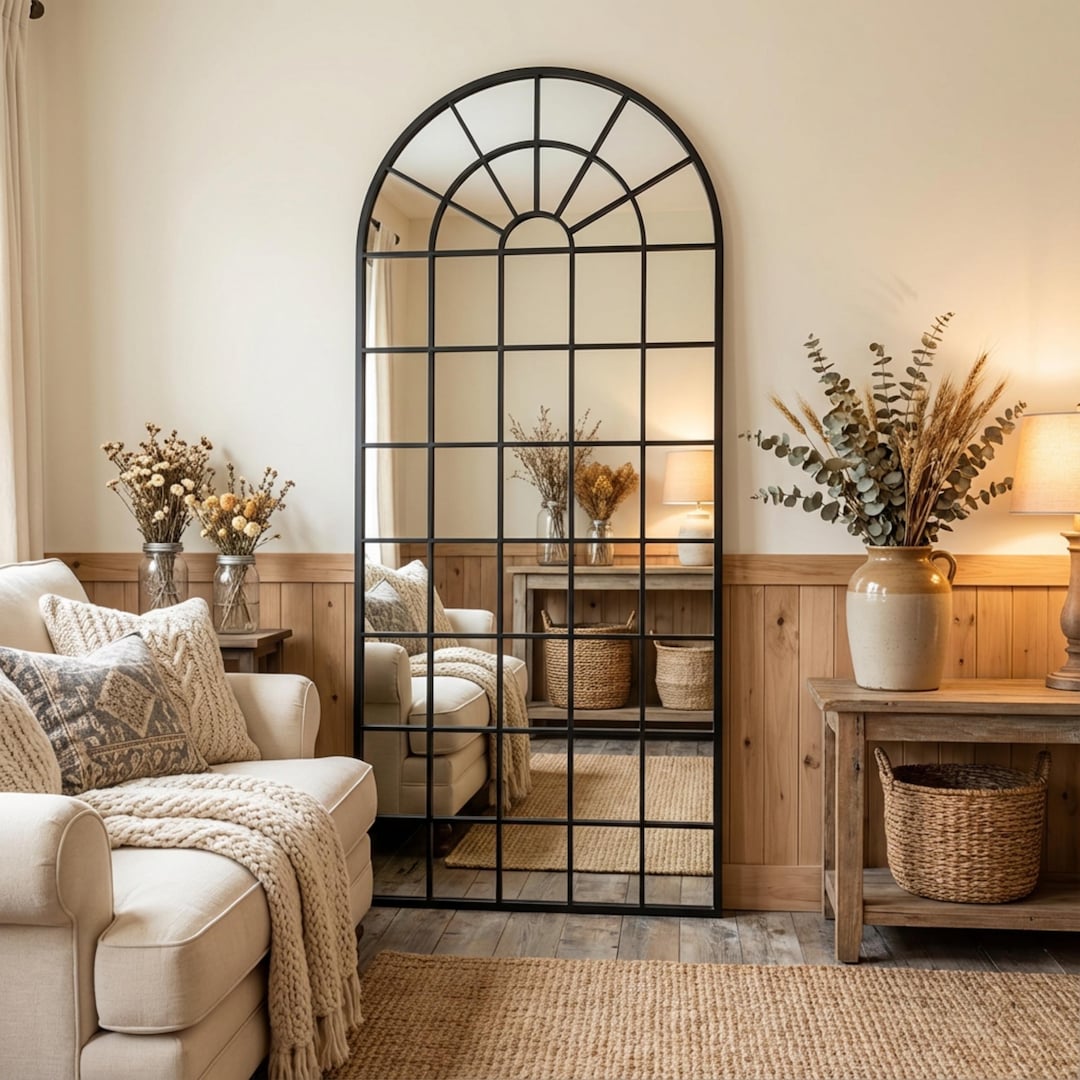Large Arched Windowpane Mirror | 70x30 Inch Black Metal Frame, Full ...