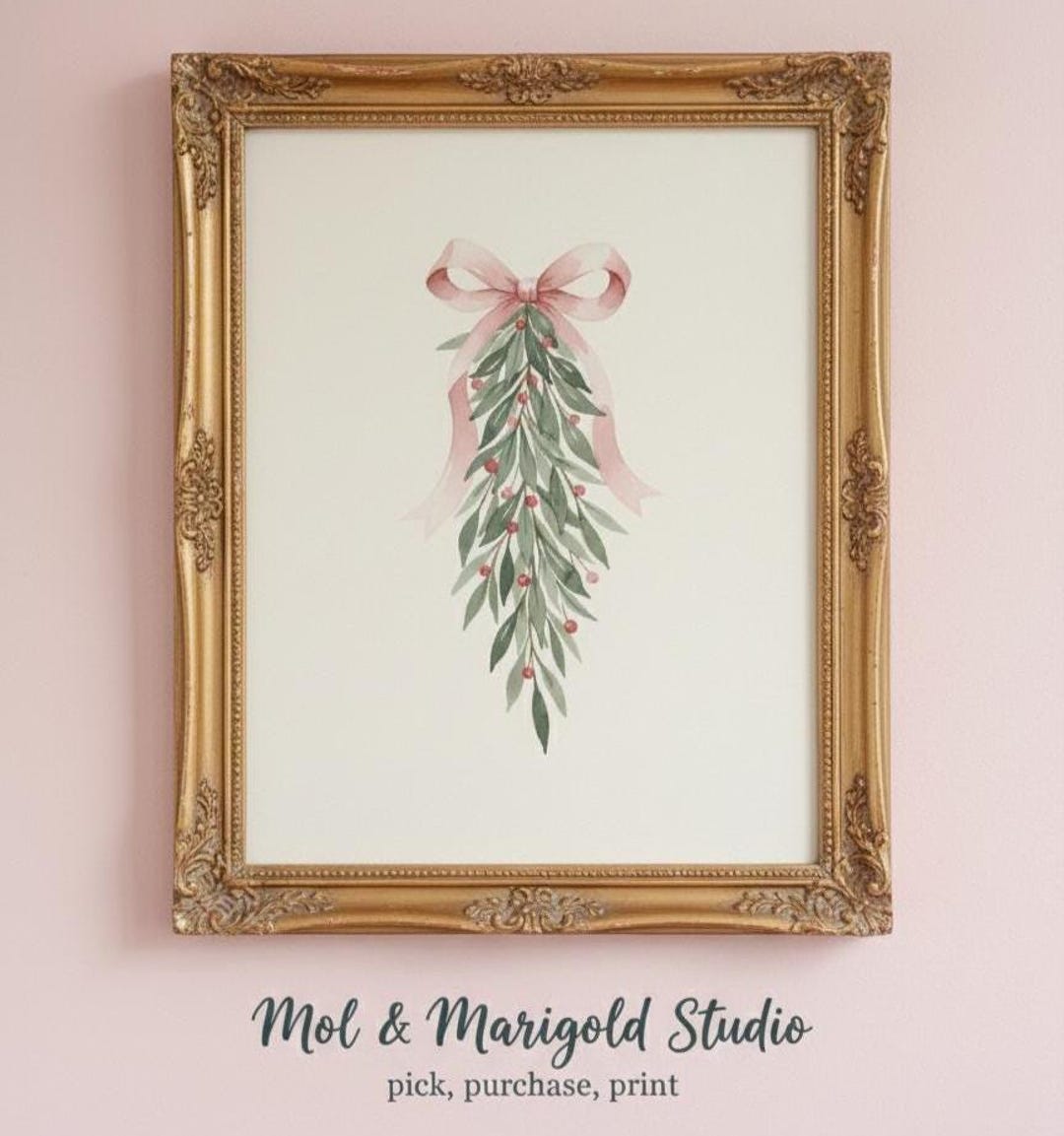 Vintage Pink Christmas Mistletoe Wall Art, Nursery Holiday Printable ...