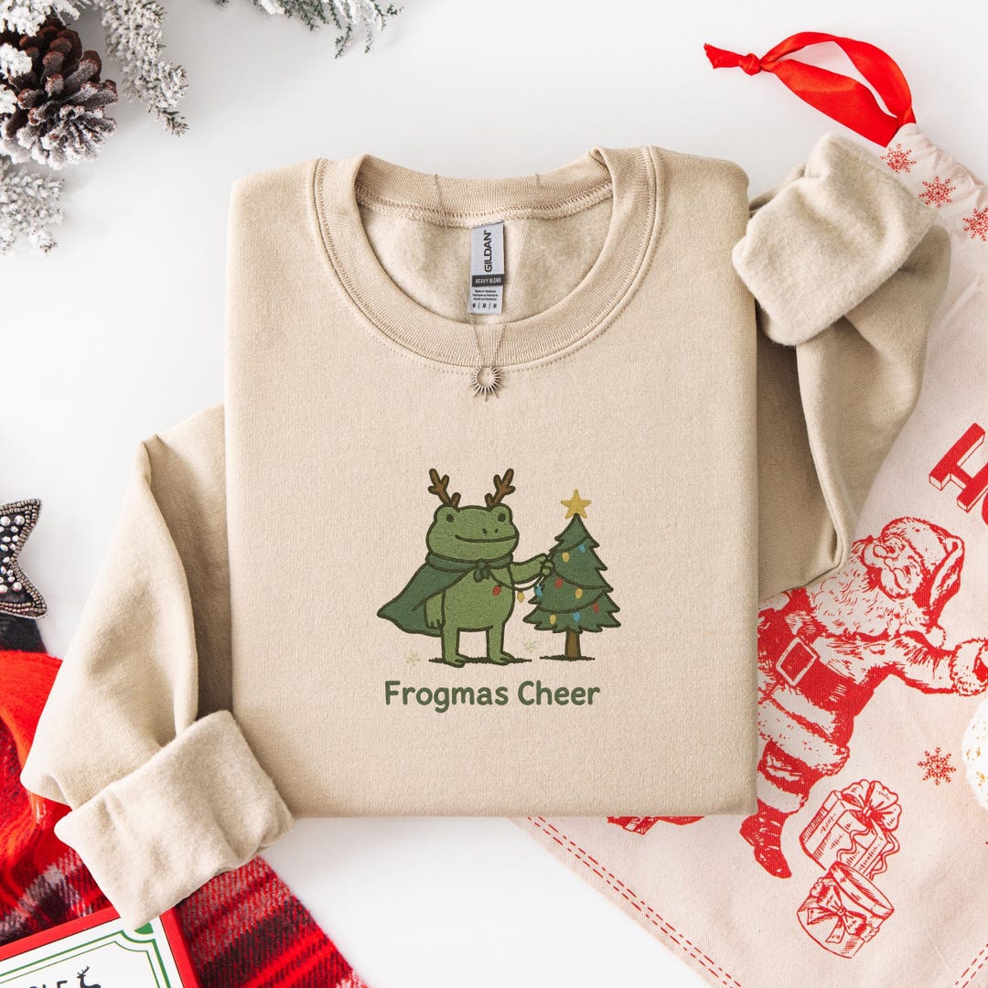Frogmas Cheer Christmas Tree Frog Sweatshirt, Antler Headband Cute Frog ...