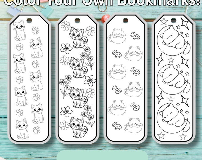 Cute Cat Coloring Bookmarks for Kids, Animal Coloring Bookmarks, Cute ...