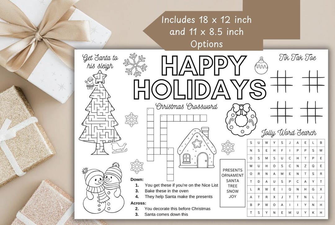 Happy Holiday Printable Kids Activity Placemat | Christmas Coloring ...