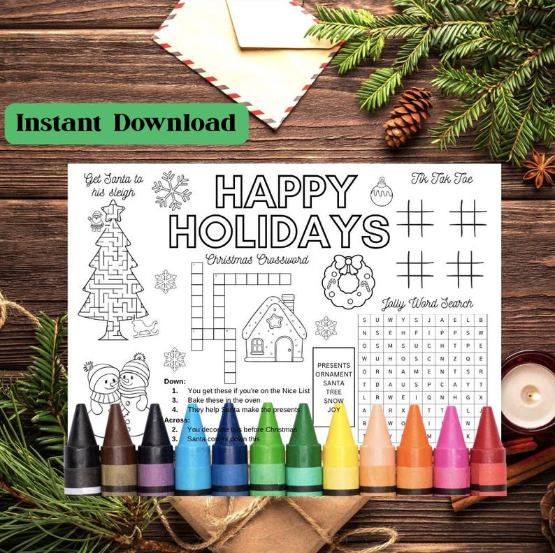 Happy Holiday Printable Kids Activity Placemat | Christmas Coloring ...
