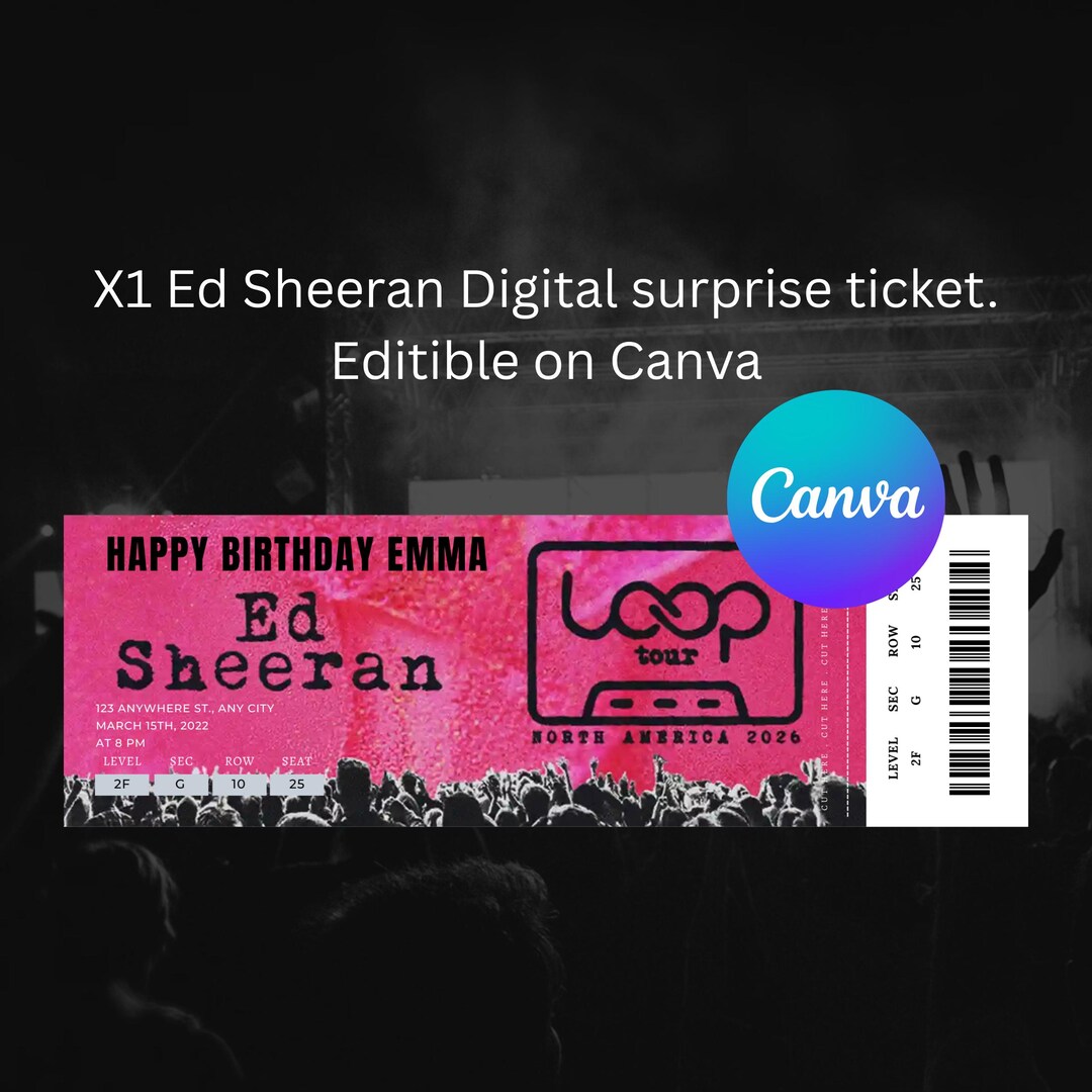 Ed Sheeran Surprise Concert Ticket Template | Editable Canva Reveal ...