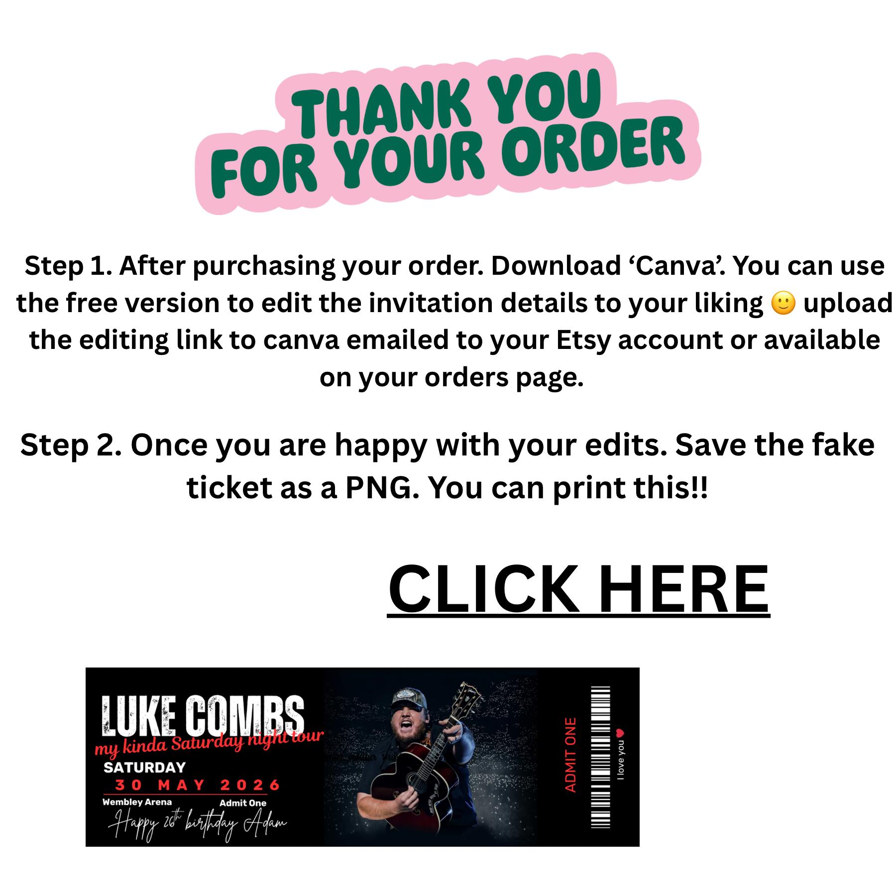 Editable Luke Combs Surprise Ticket • Canva Template (digital Download ...