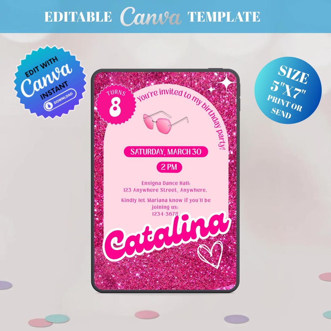 Pink Doll Birthday Invitation - Printable Girls Party Invite ...