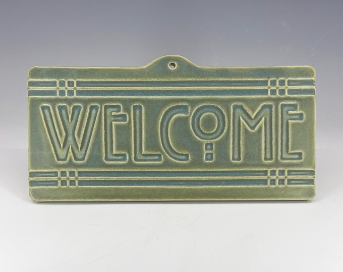 Handcrafted Ceramic Welcome Tile: Arts & Crafts Style, Matte Green ...