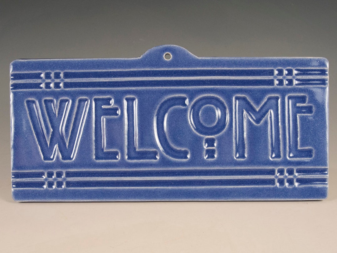 Handcrafted Ceramic Welcome Tile: Arts & Crafts Blue Glaze - Etsy