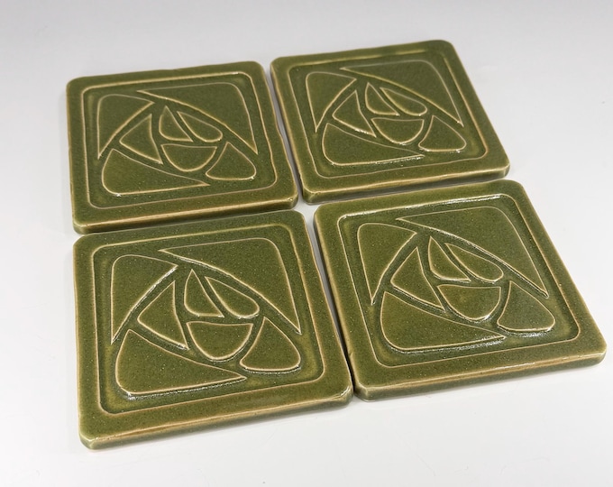 Mission Style Tile Coasters: Forrest Green Stylized Rose Design, Set of ...
