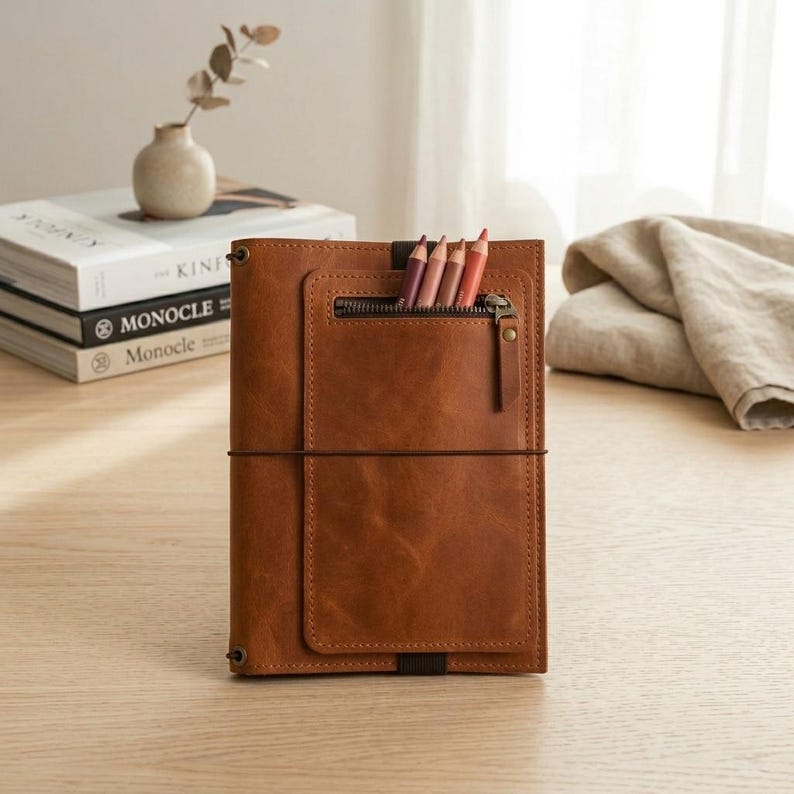 Leather Pocket for Notebook Cover, Leather Pen Pocket, Genuine Leather ...