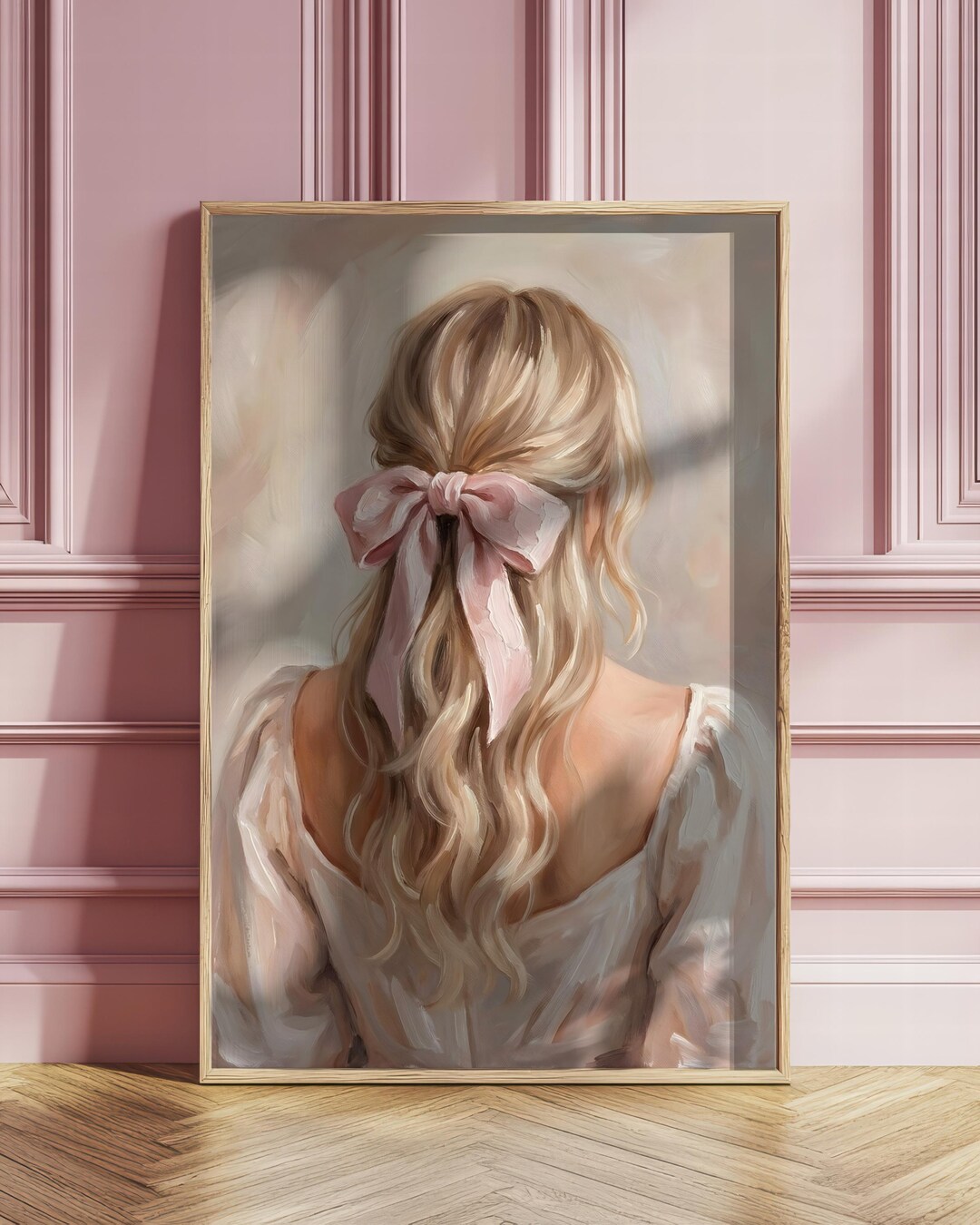Pink Bow Wall Art Romantic Faceless Woman Portrait Soft Neutral Oil ...