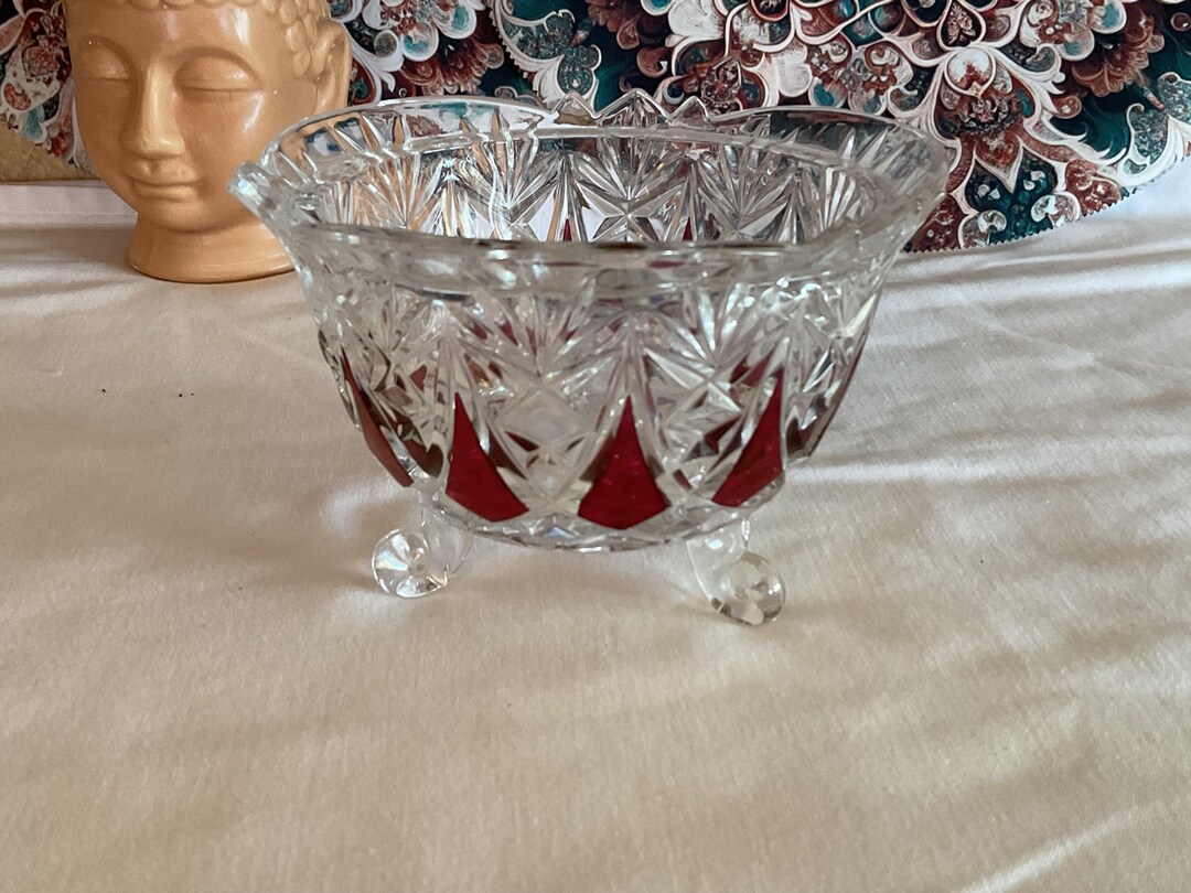 Antique Ruby-stained Pressed Glass Footed Bow- Scalloped Edge Triple ...
