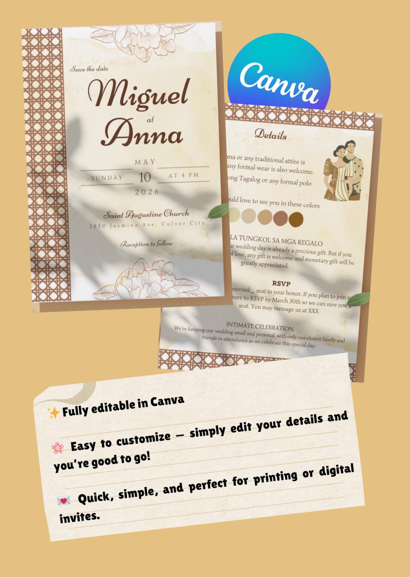 Filipiniana Wedding Invitation Template: Rustic Editable Card (digital ...
