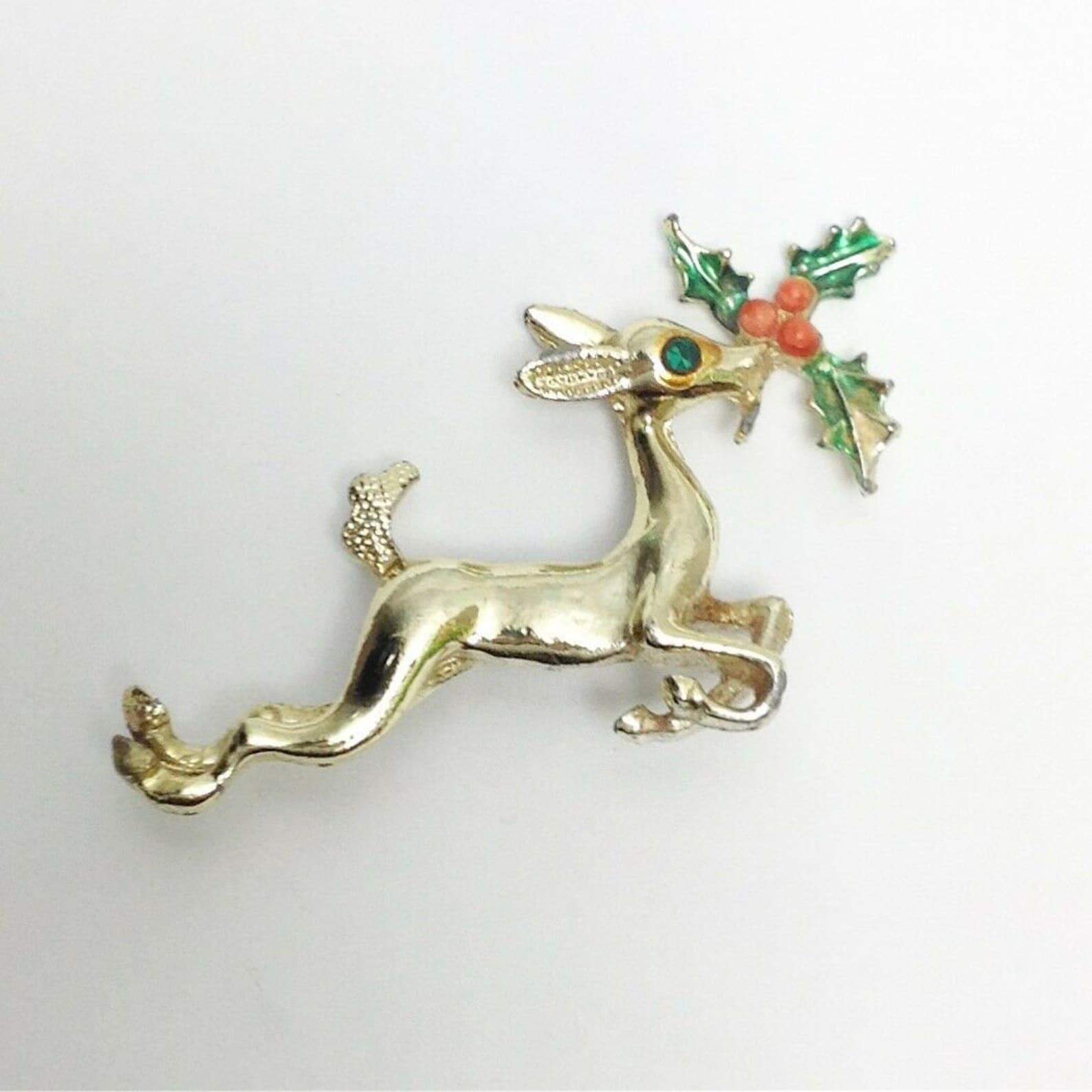 Vintage Reindeer Brooch Christmas Pin Jewel Enamel Holiday Holly Gold ...