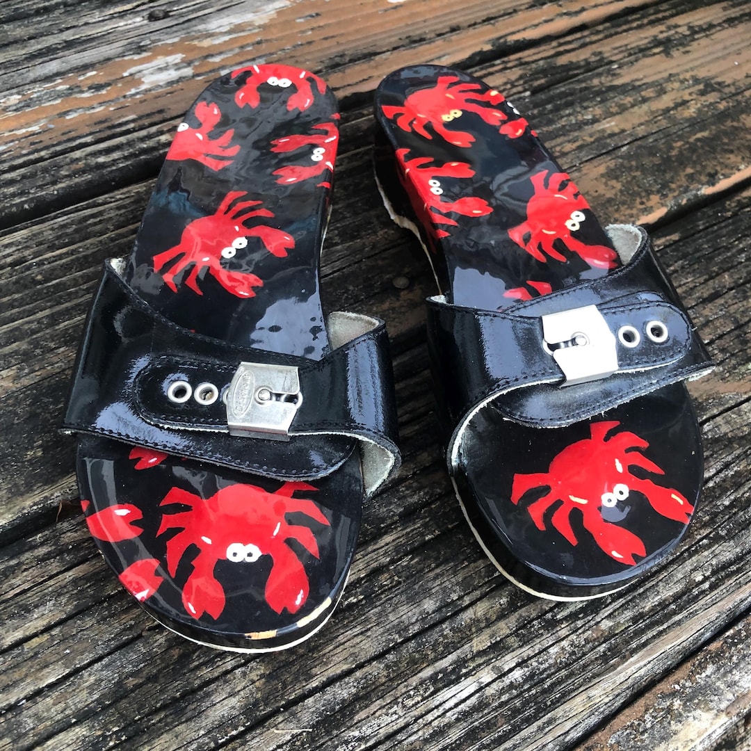 Dr Scholls Red Black Patent Crab Sandals Size 8 Wood Leather Hand ...