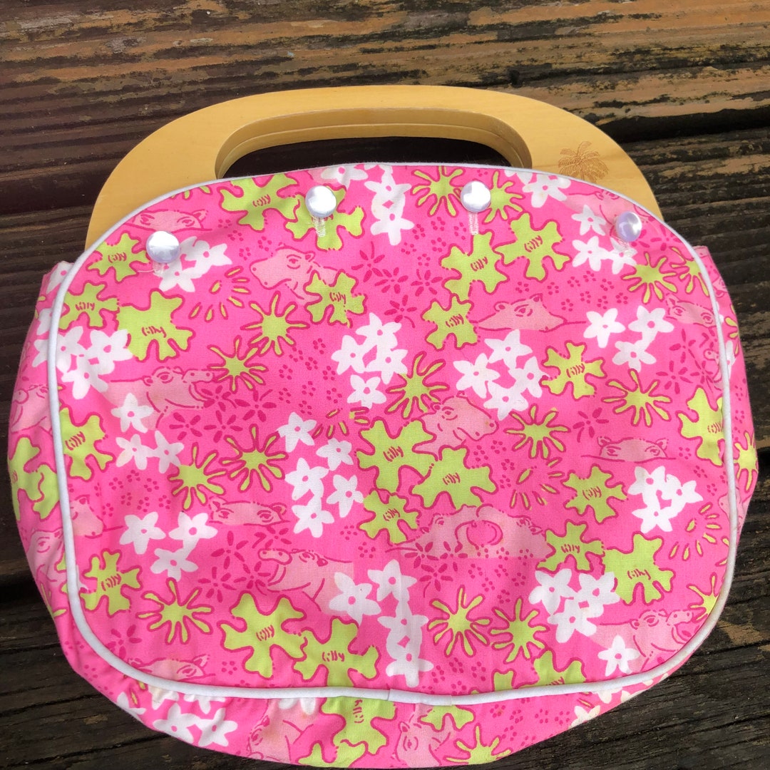 Lilly Pulitzer Bermuda Bag Wood Handle Happy Hippo Floral Pink Green ...