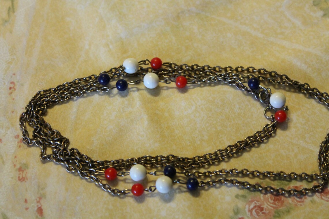 Simple Red, White and Blue Bead Long Chain Necklace - Etsy