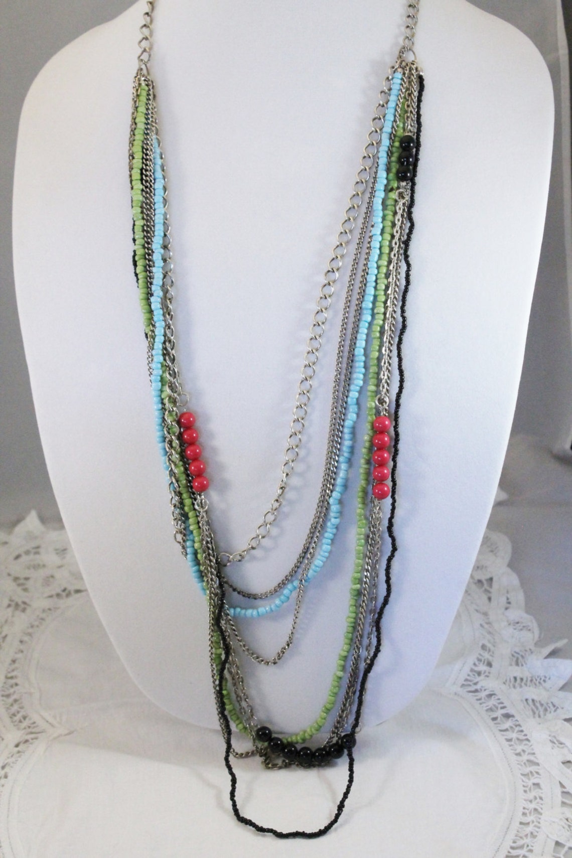 Long Multi Strand Silver and Colorful Bead Chain Necklace - Etsy