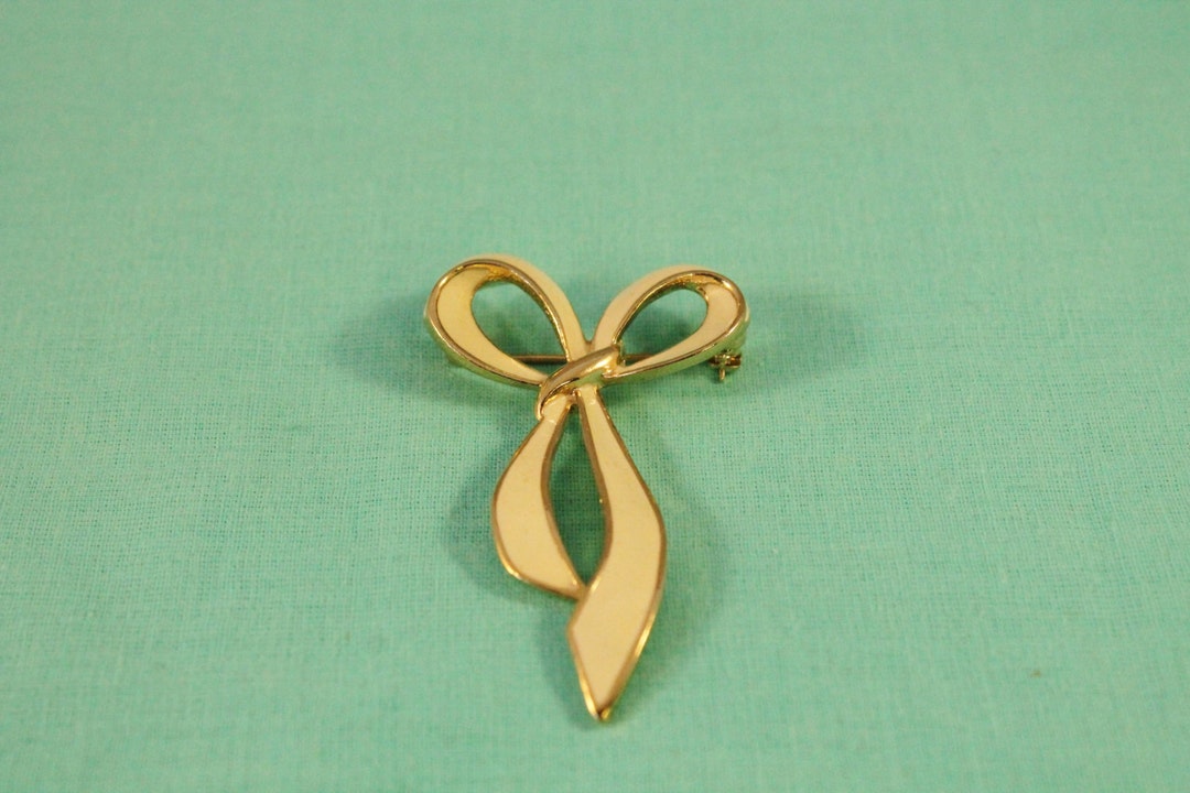 Long Golden Bow With Ivory Enamel Pin / Brooch - Etsy