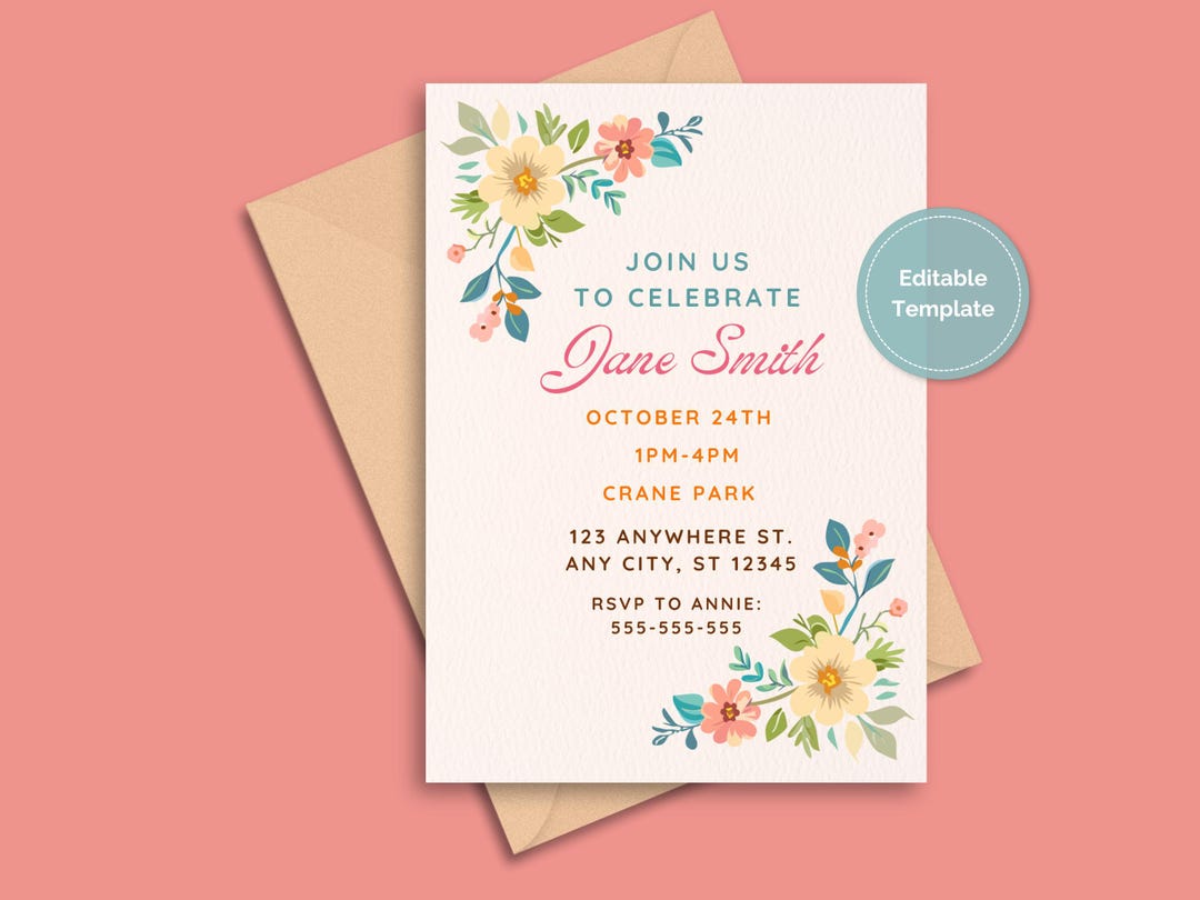 Editable Floral Invitation Template | Peach Wildflower Party Invite ...