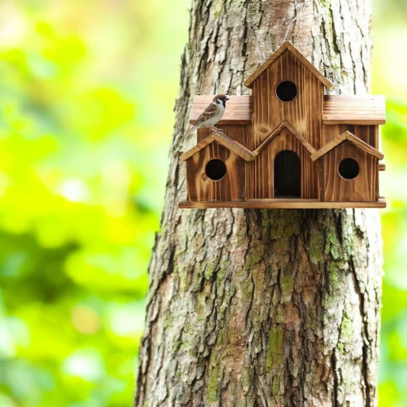 Rustic Wooden Birdhouse Outdoor, Multi Chamber Bird Condo, Hanging Nest ...