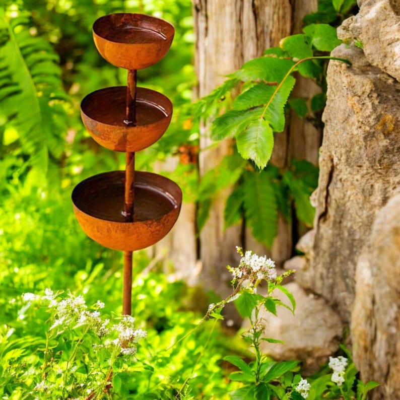 Rustic Metal Rain Catcher Garden Stake, 3 Tier Bird Bath Outdoor Garden ...