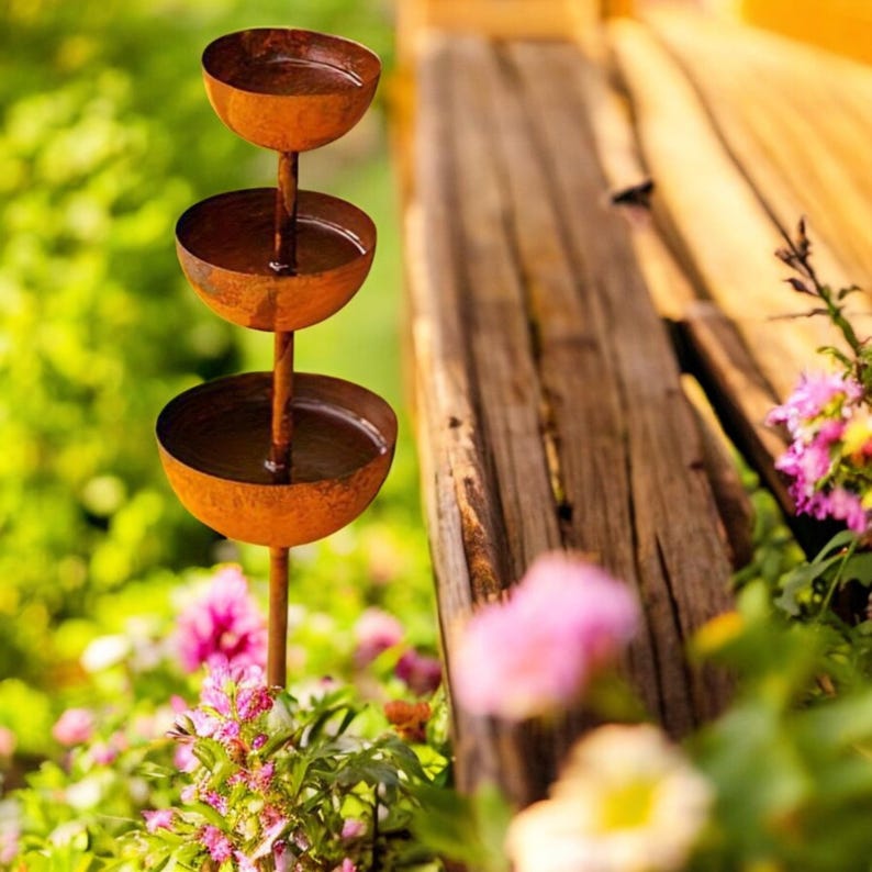 Rustic Metal Rain Catcher Garden Stake, 3 Tier Bird Bath Outdoor Garden ...