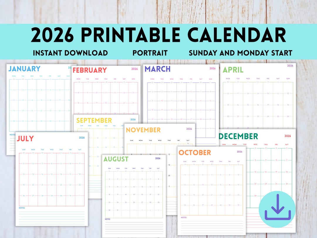 2026 Printable Calendar, US Letter, Portrait, Minimal Colorful Text ...