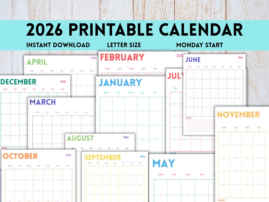 2026 Druckbarer Kalender, US Letter, Montag Start, Hochformat und ...