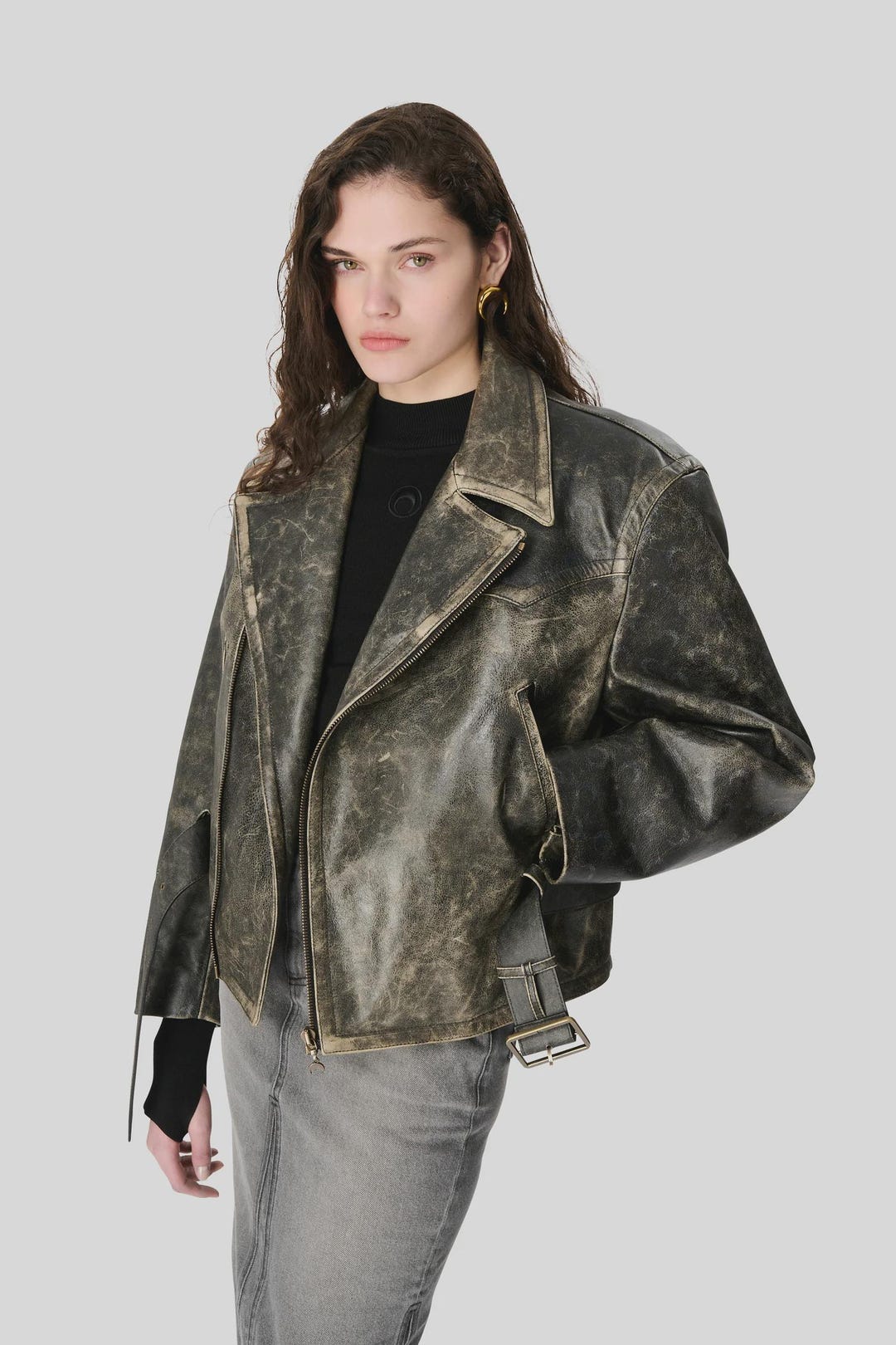 Vintage Moon Leather Biker Jacket – Distressed Grey Moto Coat, Belted ...