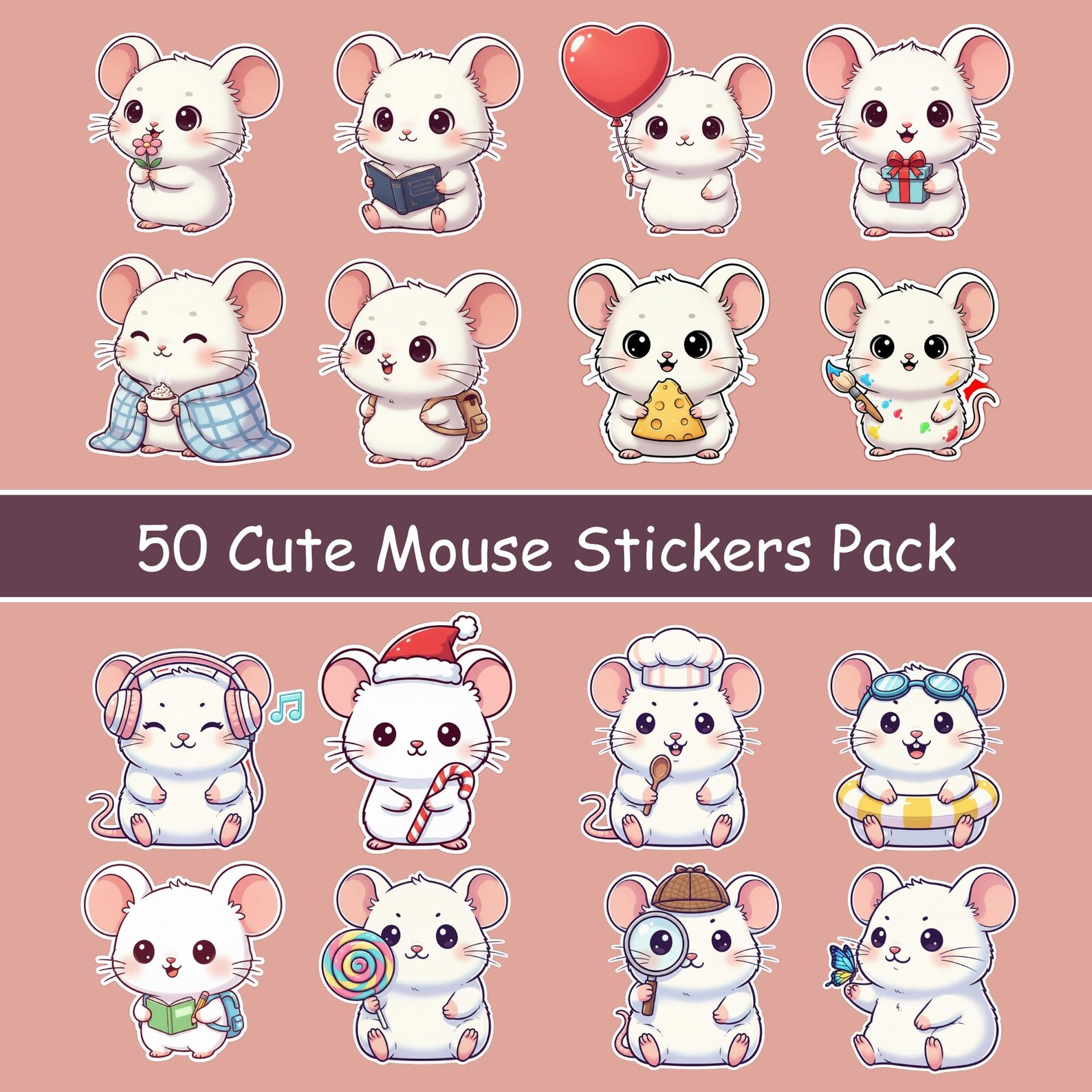 50 Cute Mouse Stickers Bundle | Kawaii Mouse PNG | Digital Mouse ...