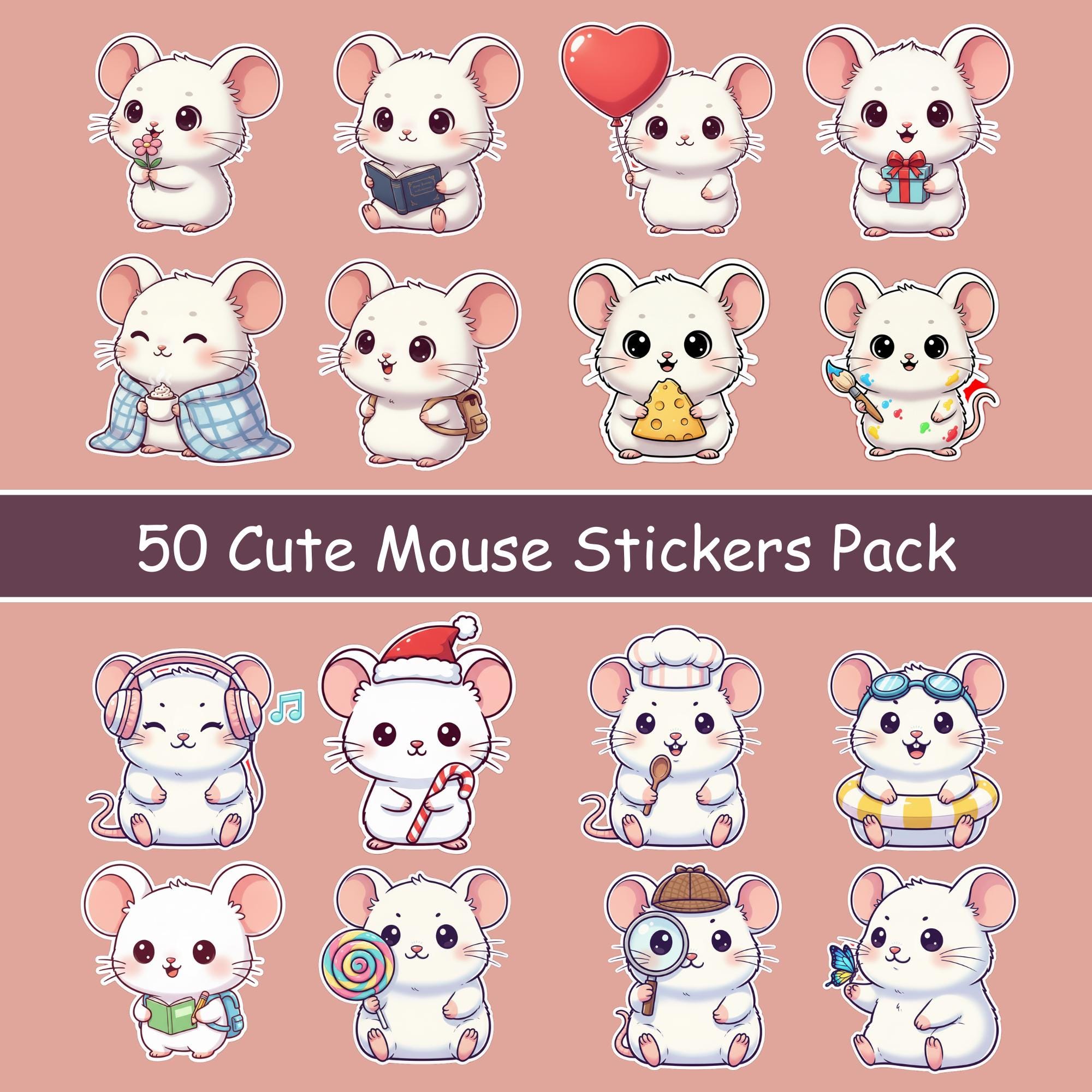 50 Cute Mouse Stickers Bundle | Kawaii Mouse PNG | Digital Mouse ...