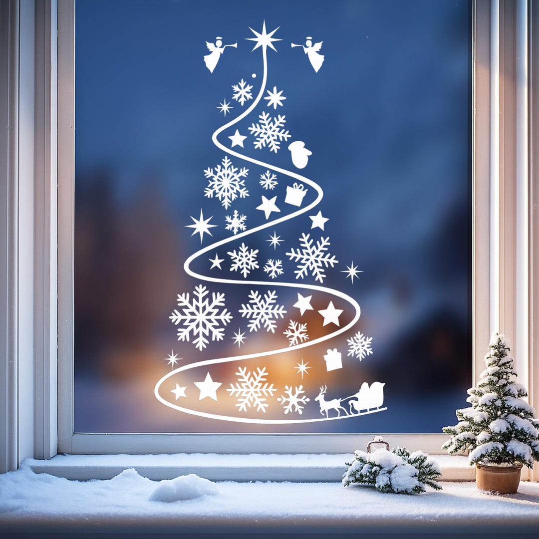 Printable Christmas Tree Window Art Painting Template, Christmas Chalk ...