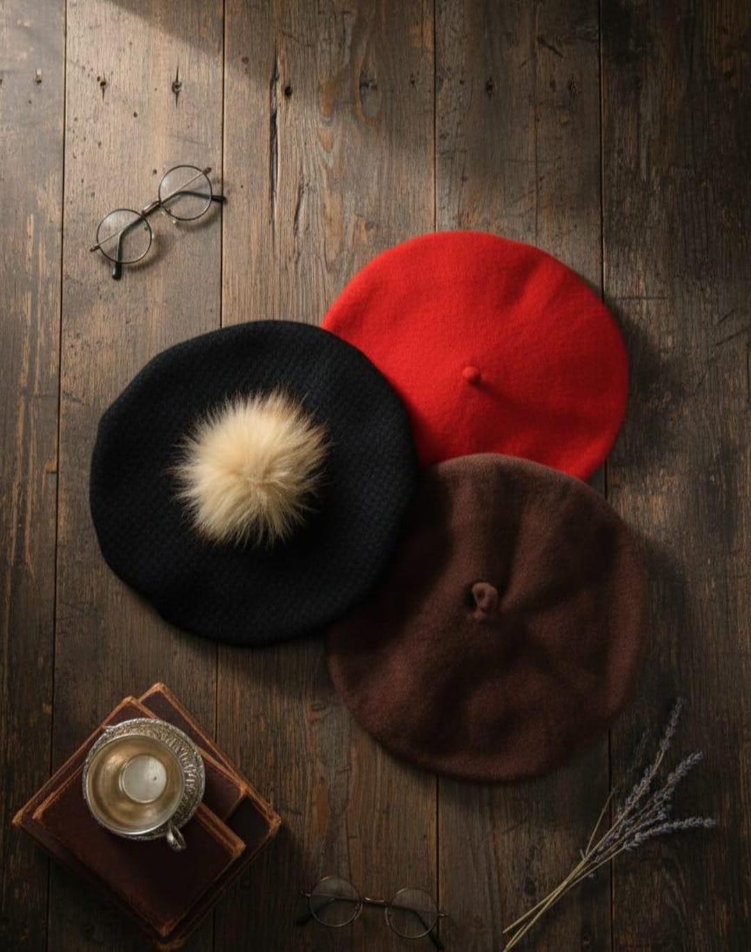 Handmade 3-piece Beret Hat Set | Brown, Red & Black Pom Pom Berets ...