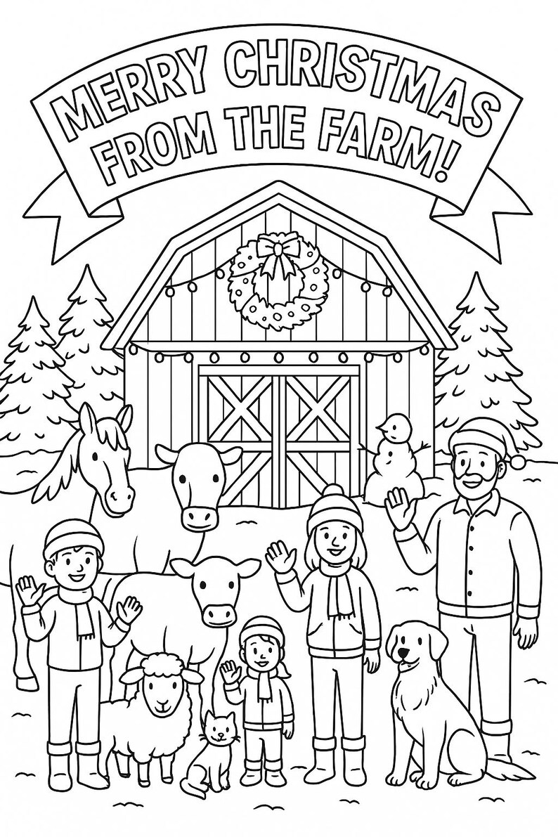 Farmyard Christmas Coloring Book | Printable Holiday Farm Scene (PDF ...