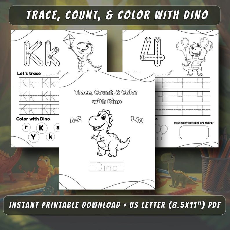 Dino Preschool Workbook, Trace, Count, Color (PDF) - Etsy
