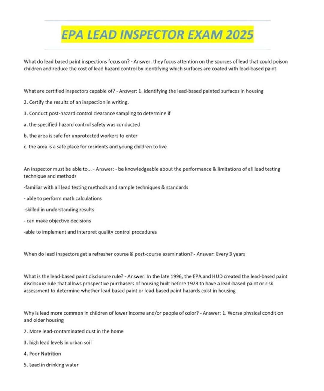 EPA LEAD INSPECTOR Exam 2025 Study Guide - Etsy