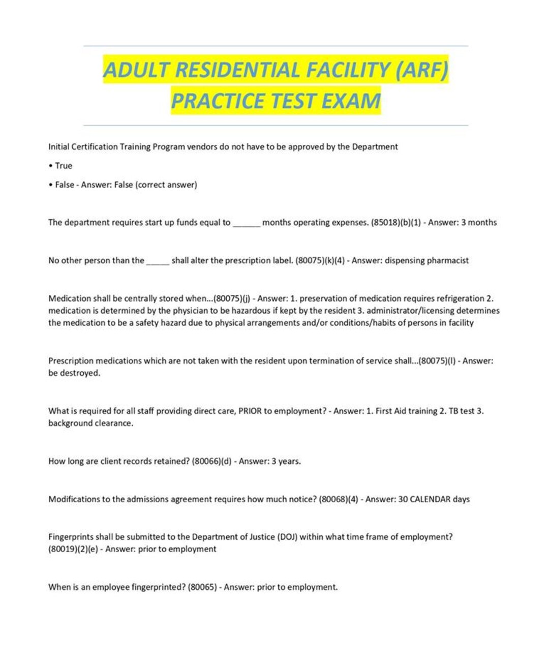 ADULT RESIDENTIAL FACILITY (arf) Practice Test Exam - Etsy