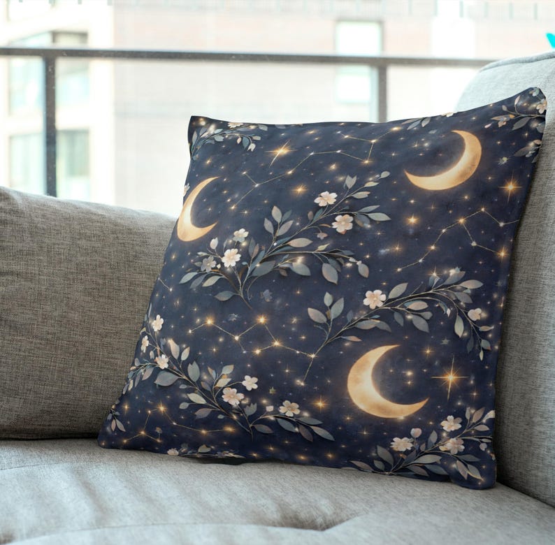 Celestial Garden Seamless Pattern | Midnight Blue Moon & Stars ...