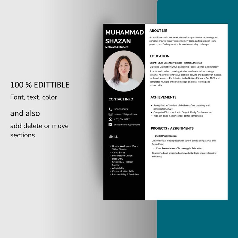 Modern Student Resume Template | Editable Canva Cover Letter (digital ...