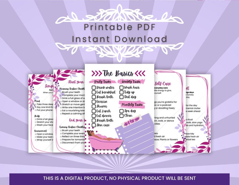 Self Care Printable Bundle | Checklists, Routine Page, Spa Day Bingo ...