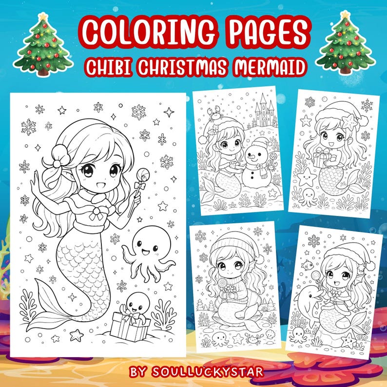 Chibi Christmas Mermaid Coloring Pages | 15 Kawaii Winter PNG - Etsy