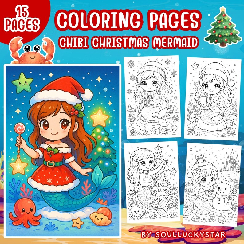 Chibi Christmas Mermaid Coloring Pages | 15 Kawaii Winter PNG - Etsy