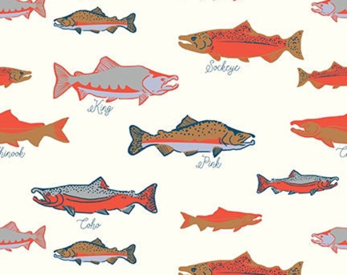 LAMINATED cotton fabric Salmon Fish on cream sold | Etsy